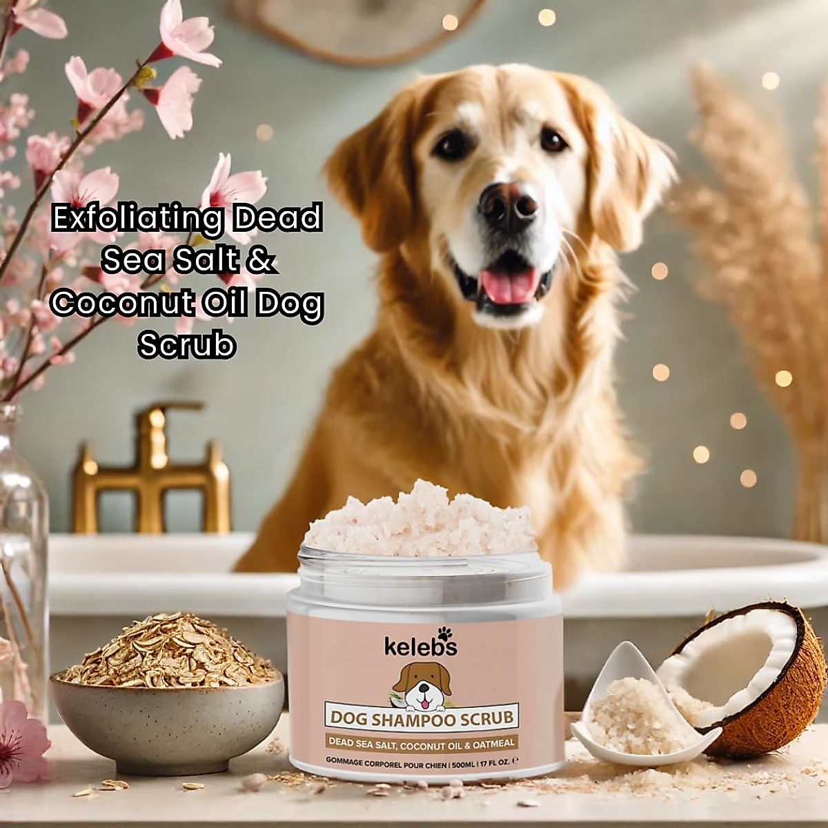 Exfoliating Dead Sea Salt & Coconut Oil Dog Scrub - Deep-Cleansing, Anti-Itch, Moisturizing with Oatmeal & Essential Oils