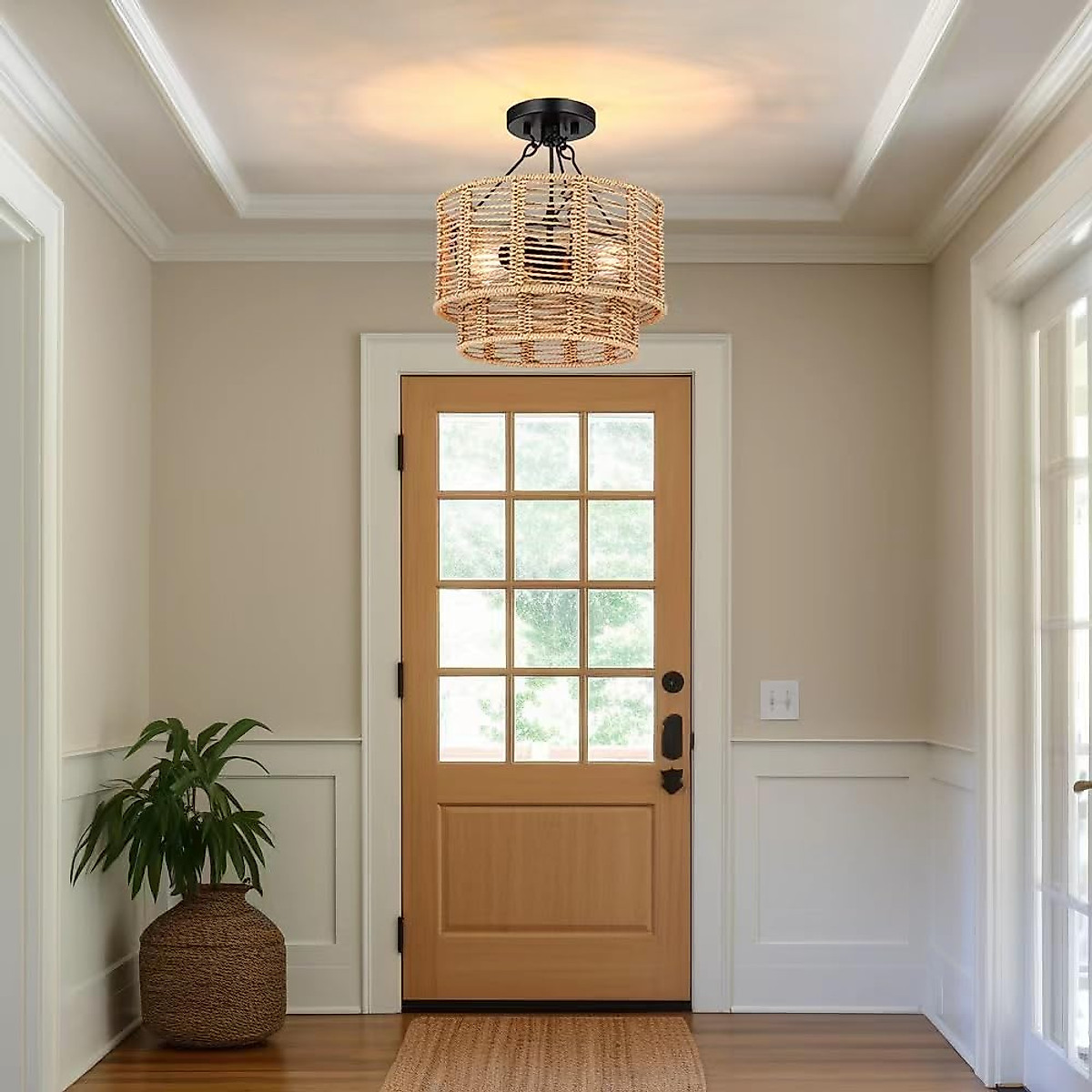 Hermasgi 12.6'' Farmhouse Rattan Semi Flush Mount Ceiling Light,Boho Light Fixtures with 2-Tier Drum Hand-Woven Natural Rattan Shade,Rattan Ceiling Lamp for Hallway Bedroom Entryway Living Room