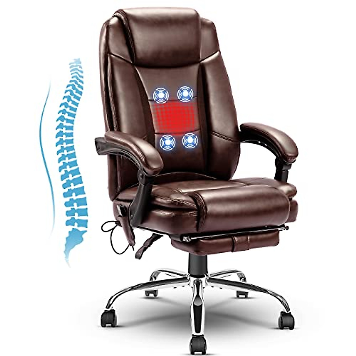 NOBLEMOOD High Back Office Chair Heated Executive Chair with 4 Points Massage, Swivel Ergonomic Desk Chair Breathable Big and Tall Reclining Chair with Lumbar Support Pillow & Footrest(Brown)