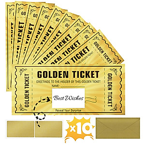 WenmthG 10 Sets Golden Ticket with Envelope, Scratch Card Surprise Gift Reveal, Card as Birthday Card Wedding Card Concert Ticket Cinema Voucher Raffle Gift