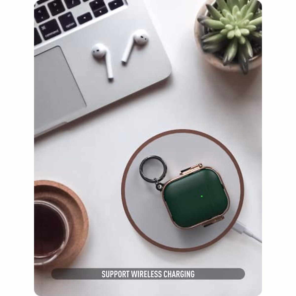 GuarzFun case for AirPods 1st & 2nd Case, Secure Lock Airpod case with Lock lid Keychain Clip, Full Body Hybrid Material Protective Cover for Men Women (Rose Golden + Green)