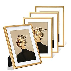 Fkvat 4x6 Picture Frame Set of 4, Matted Gold Simple Modern Thin Aluminum Metal Photo Frame Fits 3x5 with Mat or 4x6 without Mat Photo. Display for Tabletop or Wall Collage. (Horizontal & Vertical). with White and Black Mats.