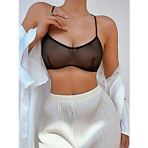 SOLY HUX Women's Mesh Solid Sheer See Through Lingerie Set Sexy Lace Bra and Panty 2 Piece