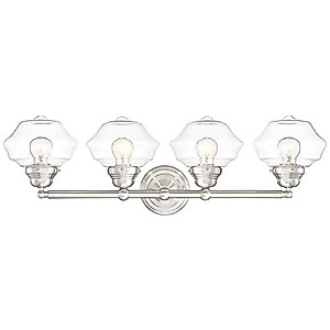Possini Euro Design Astrid Modern Wall Mount Light Brushed Nickel Silver Metal Hardwired 30 3/4" Wide 4-Light Fixture Schoolhouse Clear Glass for Bathroom Vanity Mirror House Home Room Decor