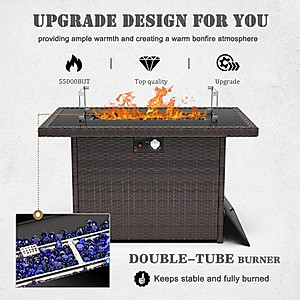 Vakollia 7 Pieces Patio Furniture Set with 44" Propane Gas Fire Pit Table, Outdoor Sectional Brown Rattan Wicker Conversation Sofa Sets with Coffee Table