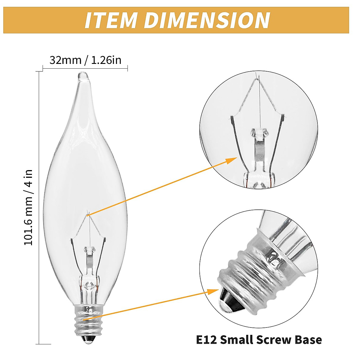 CYLYT 12-Pack E12 Candle Light Bulbs 40W Warm White 2500K, 380 Lumen Dimmable Chandelier Light Bulbs for Ceiling Fan, Pendants or Outdoor, CA10 Clear Candelabra Base Bulbs
