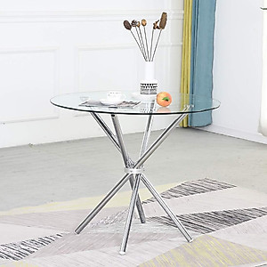 Modern Round Dining Table with Clear Tempered Glass Top, 4 Chrome Legs Kitchen Table for 2 or 4 Person,Round Dining Table Furniture for Home Office Kitchen Dining Room(W 35.4 x L 35.4 x H 29.5 inch)