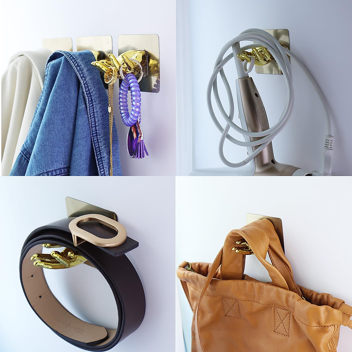 Pluspexy Gold Wall Decorative Hooks 3Pack Hand Shaped Adhesive Hooks for Hanging Things Bathroom Shower Towel Hooks Behind The Door Coat Hooks Renter Friendly Wall Hooks