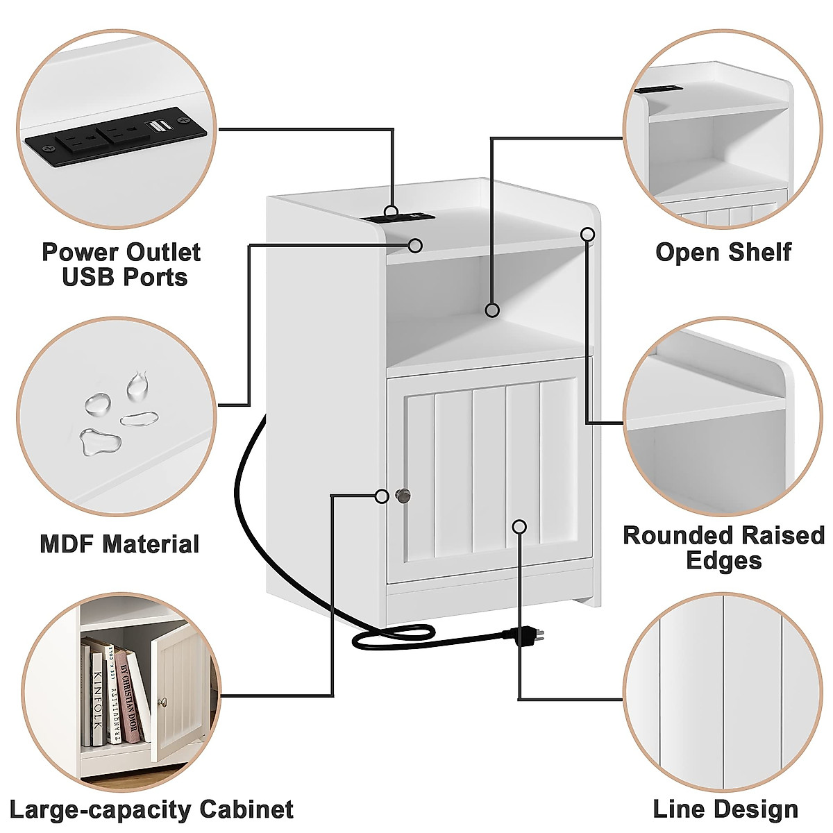 ChooChoo Nightstand with Charging Station, Night Stand with Cabinet and Open Storage, 2 AC and USB Power Outlets, Bed Side Table for Bedroom, White