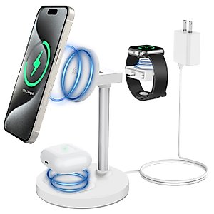 FutureCharger for MagSafe Charger Stand - 3 in 1 Wireless Charging Station for Apple Devices, for iPhone 15/14/13/12 Series, for iWatch/Airpods, Aluminum Alloy Rod, Leather Pad, White