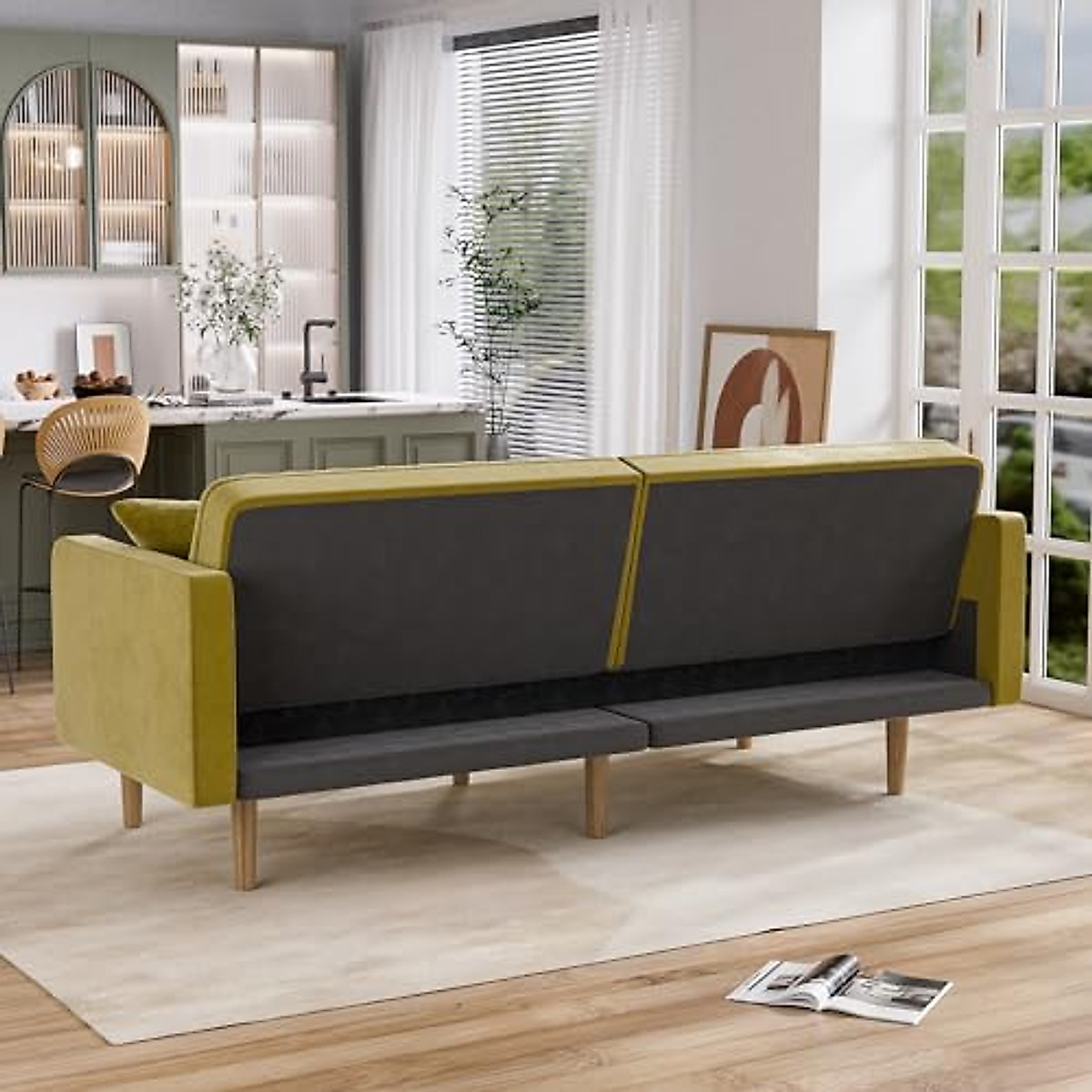 DAMAIFROM Futon Sofa Bed, Upholstered Comfy Velvet Futon Couch, Sleeper Sofa, Loveseat, Mid Century Modern Small Sofa, 75" Couches for Living Room, Office, Small Spaces, Olive Green