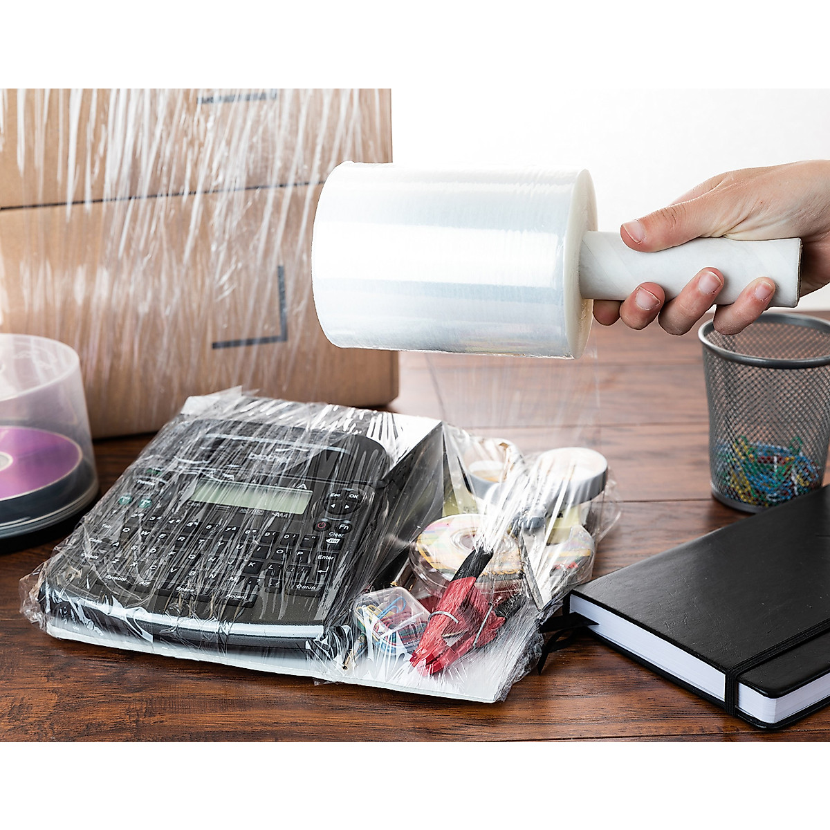 Sam Wrap (R) Stretch Wrap 5" x 1000' Roll with Handle, 80 Gauge Extra Thick Durable Self-Adhering Plastic Wrap for Moving, Packing Wrap Industrial Strength, Clear Plastic Pallet Shrink (2 Pack)