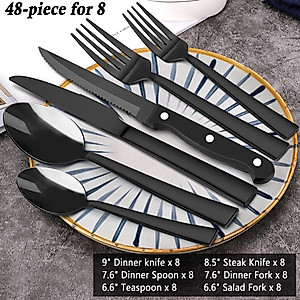 HaWare Black Silverware Set with Steak Knives, 48-Piece Stainless Steel Square Flatware Set for 8, Tableware Cutlery Set Includes Knives/Forks/Spoons, Modern & Elegant Design, Mirror Polished