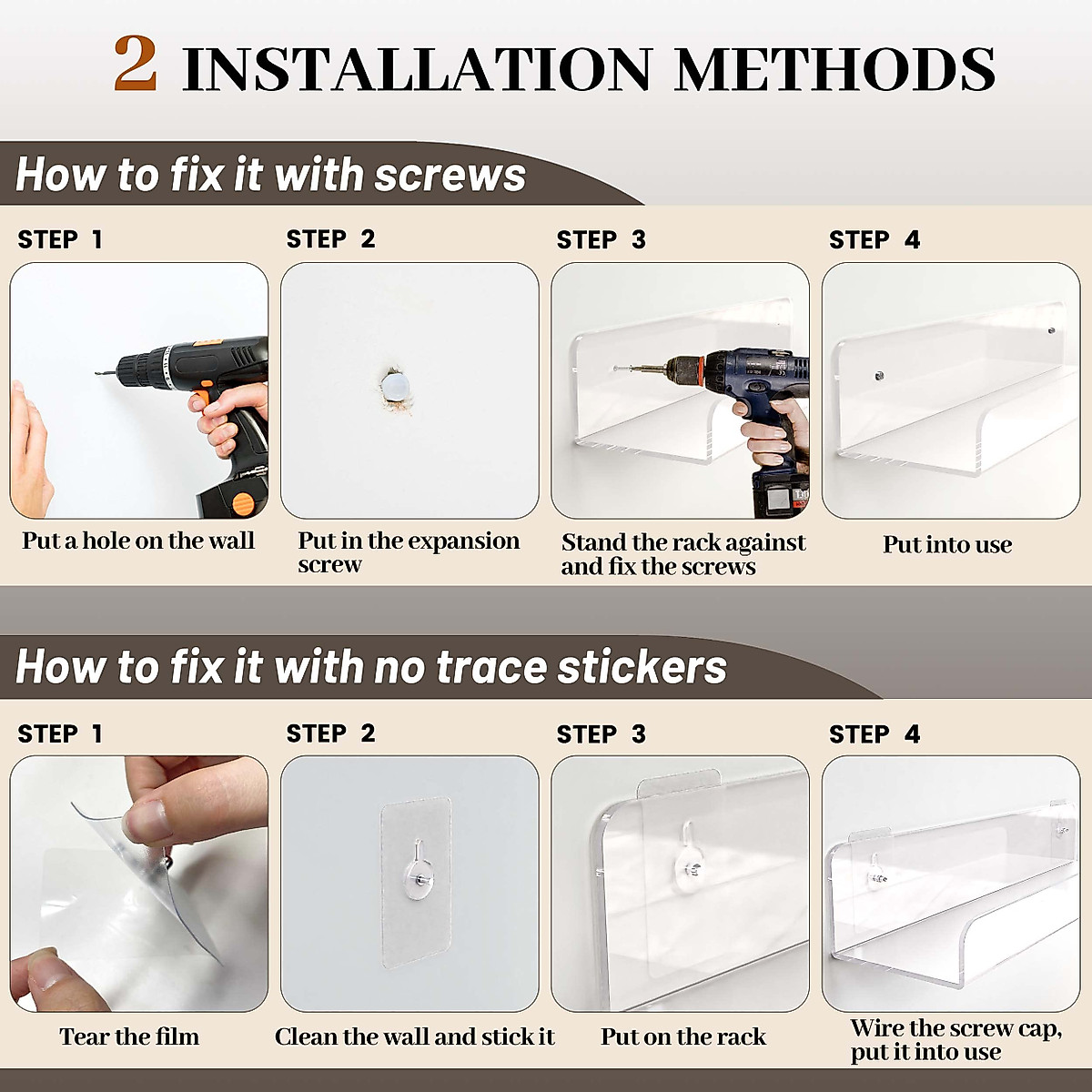 BTSD-home 4 Pack 15" Clear Acrylic Shelves Display Ledge for Wall Storage, Acrylic Floating Shelves Wall Mounted for Kids Bookshelf, Bedroom, Living Room, Bathroom, Kitchen.