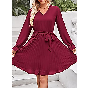 PRETTYGARDEN Women's Casual Spring Fall Dresses Long Puff Sleeve V Neck Pleated Ruffle Flowy Belted Dress (Wine Red,Large)