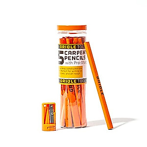 Orange Carpenter Pencil Set - Includes 15 Flat Construction Pencils with Printed Ruler, 1 Carpenter Pencil Sharpener & 1 Clear Storage Container - Smoothly Write on Wood, Concrete & Stone - Pencil Kit