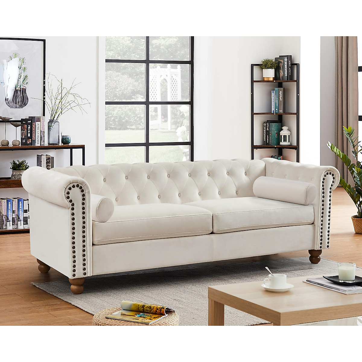 LKTART Modern Sofa Couch Upholstered Comfy Sofa Tufted Couch with Deep Seats, Chesterfield 3 Seater Sofa with 2 Pillows for Living Room Apartment Office Lounge White