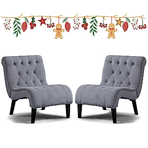 AVAWING Armless Accent Chair Set of 2, Upholstered Button Tufted Living Room Chairs with Wood Legs, Comfy Frosted Velvet Lounge Chair Reading Chair for Bedroom, Grey