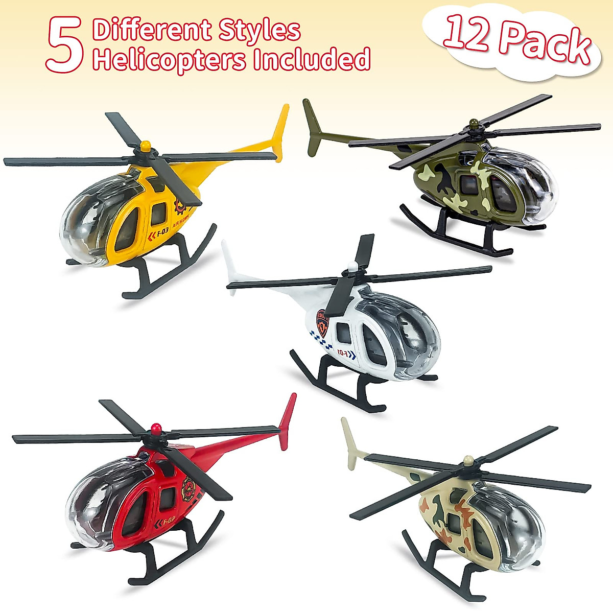 Tcvents Diecast Helicopters, 12 Pack Military Model Plane Helicopter Toy for Boys 3 4 5 6 7 Year Old, Airplane Vehicles Gift for Toddler Kids 3-8 Years Old Birthday Party Favors & Cake Toppers