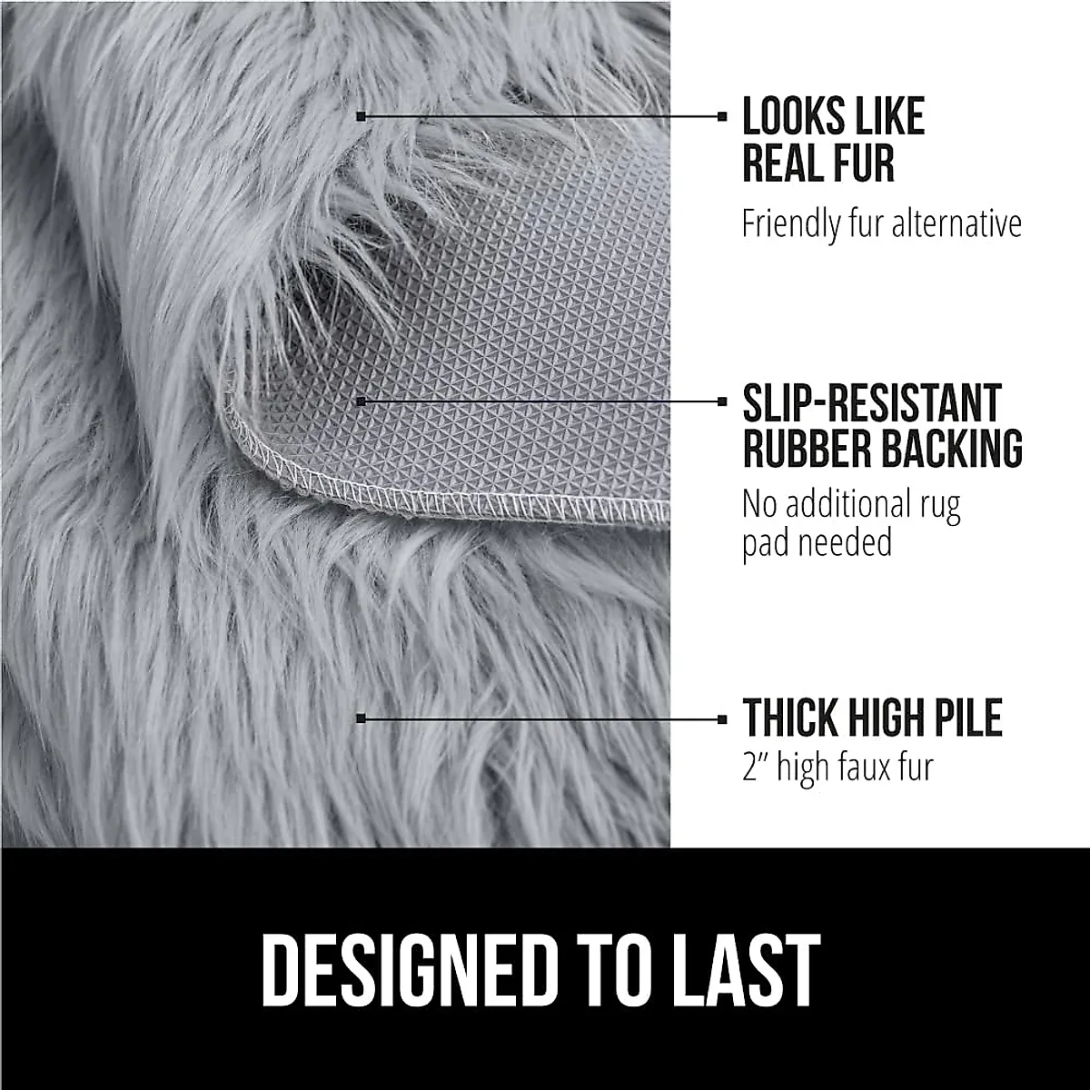 Gorilla Grip Fluffy Faux Fur Sheep Rug, Machine Washable Soft Furry Area Rugs, Rubber Backing, Plush Floor Carpets for Baby Nursery, Bedroom, Living Room Shag Carpet, Luxury Home Decor, 3x5, Gray