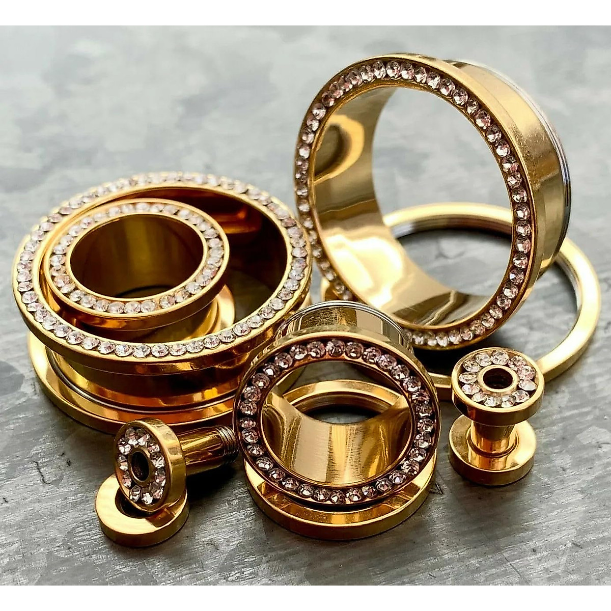 Lobal Domination PAIR of CZ Gem Rimmed Gold Ion Plated Tunnels Plugs Pierced Earlets Gauges (1" (25mm))