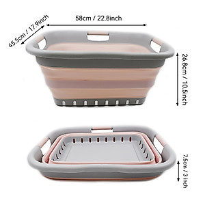 SAMMART 41L Collapsible Plastic Laundry Basket - Foldable Pop Up Storage Container/Organizer - Portable Washing Tub - Space Saving Hamper/Basket (3 handled rectangular, Grey/Pink)