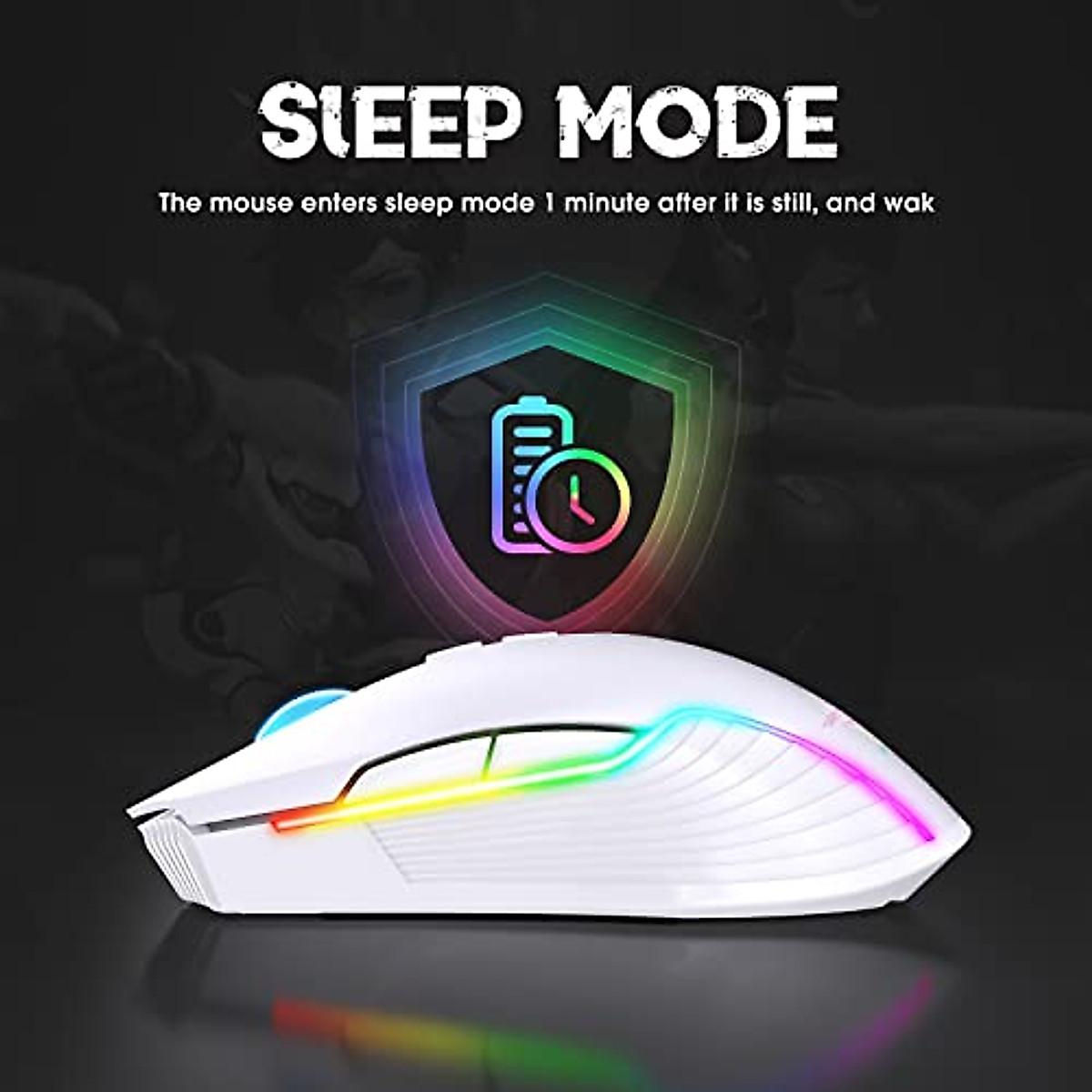 PHNIXGAM Rechargeable Wireless Gaming Mouse, Ergonomic RGB Computer Mouse with 2.4G Receiver, RGB Backlight, Adjustable DPI Up to 3600, 7 Buttons (Not Programmable) for Windows Vista Linux (White)