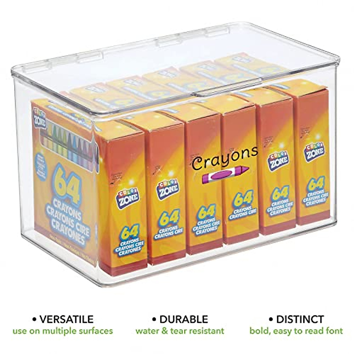 mDesign Small Plastic Stackable Lidded Craft Storage Box - Stacking Container Bin Tubs with Labels for Hobby, Crafts, and Organizing Art Supplies - 2 Bins + 32 Printed Labels - Clear