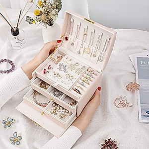 DEZZIE Women's Jewelry Box, Senior PU Leather, 3 Layer Medium Sized Jewelry Storage Box with Lock. Portable Travel Jewelry case for Earrings Bracelets Rings-Light pink