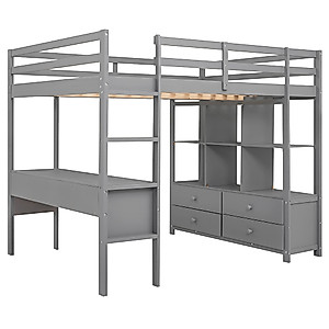 Bellemave Full Loft Bed with Desk and Storage Drawers Wood Beds Frame Bookcase Shelves for Dorm Bedroom Size Bunk Kids Adults Boys Girls Teens, Gray