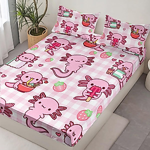 HOSIMA Axolotl Fitted Sheet Set Twin Size for Kids Girls,Pink Cartoon Axolotl Eat Dessert Printing Bedding Set Twin Size for Princess Bedroom Decor,1 Fitted Sheet+2 Pillowcases.