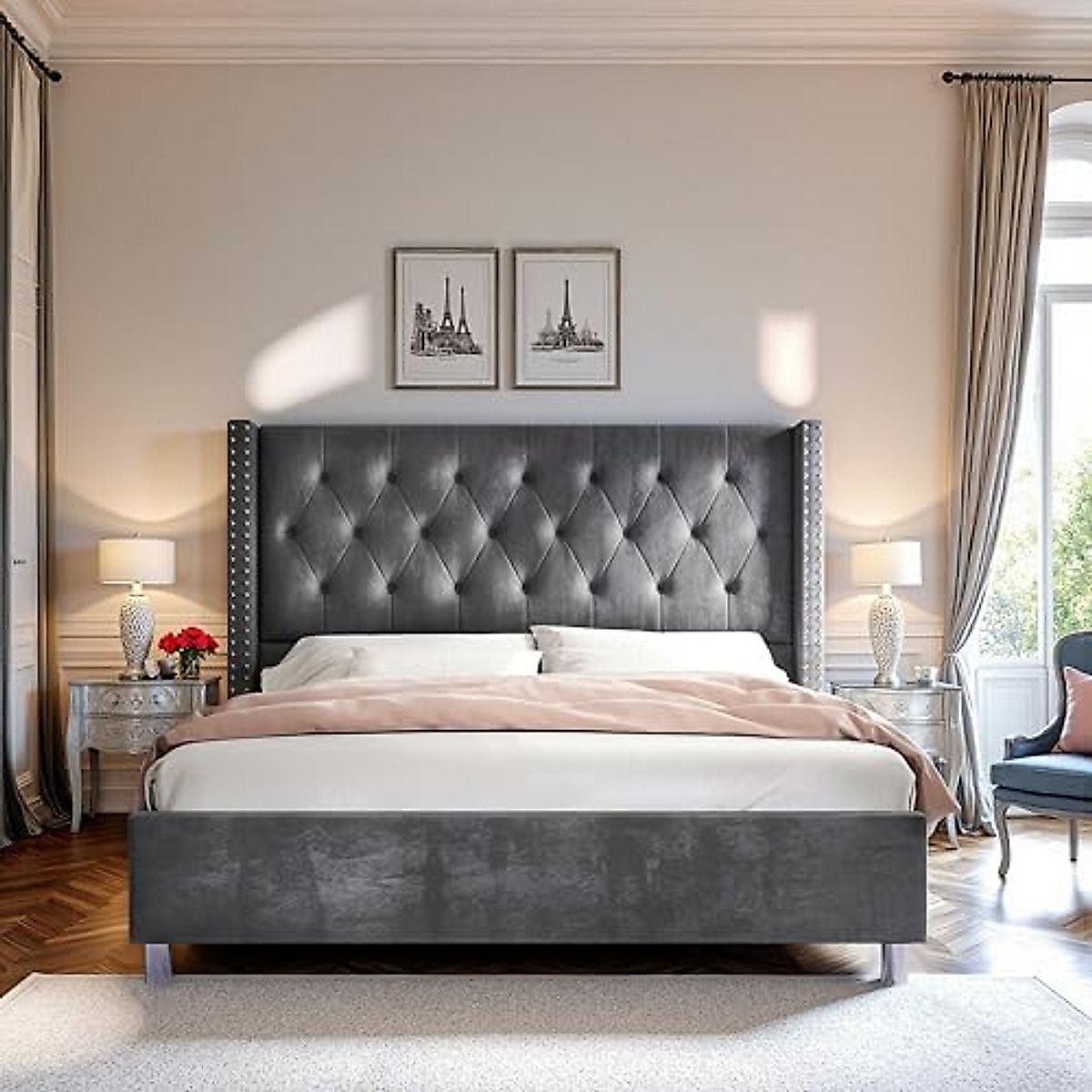 PaPaJet Upholstered Queen Bed Frame with Tall Headboard, Wingback Platform Bed, Velvet Tufted Button, No Box Spring Needed, Easy Assembly, Grey