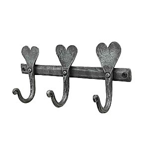 Living Ideas Hand Forged Heart Shape Metal Wall 3 Hooks (3 Pegs) Wrought Iron Handmade Rustic Coat Hook Blacksmith Wall Mounted Kitchen Towel Hooks Rack Black Antique Finish Heavy Duty Wall Hooks