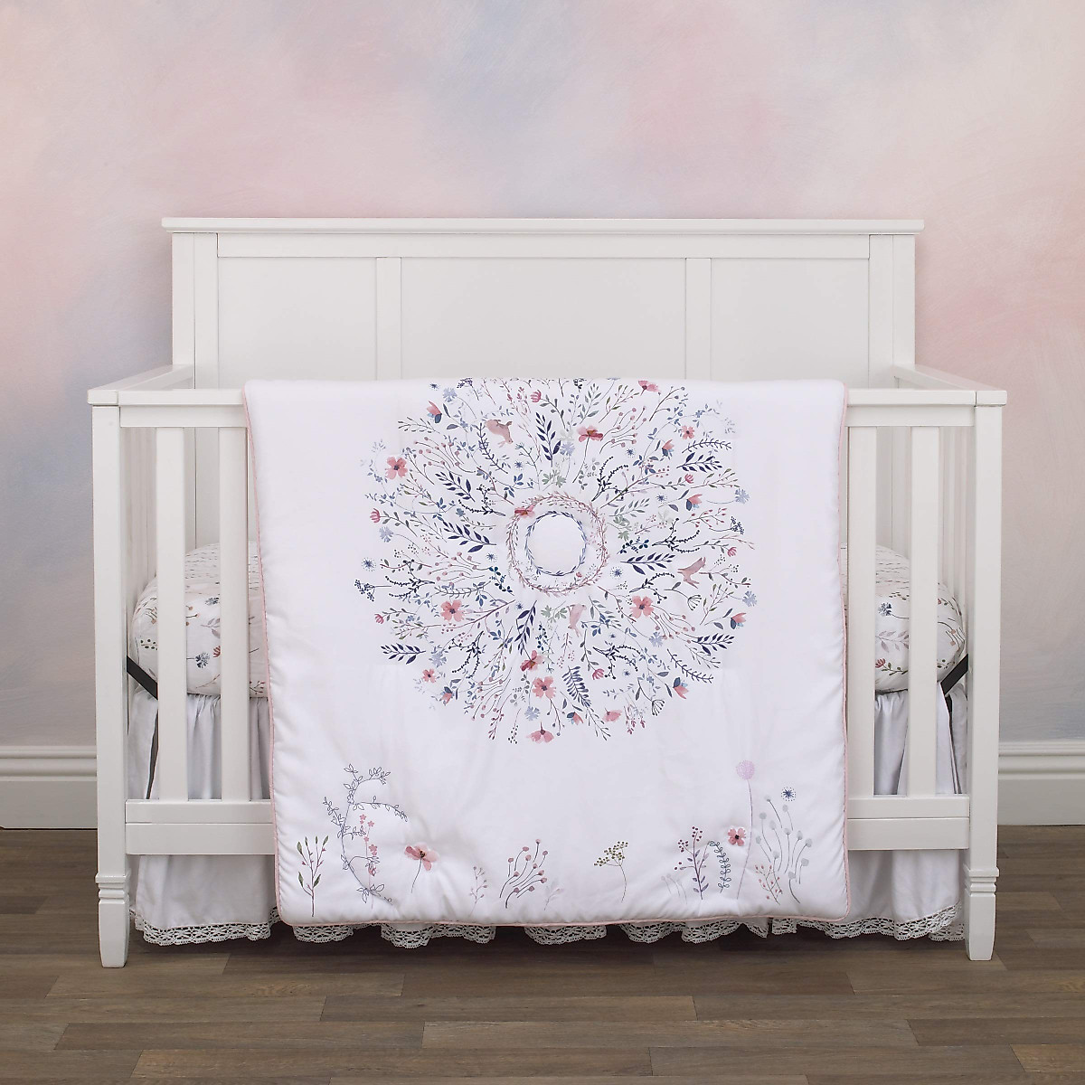NoJo Woodland Wreath Pink, White, Blue Floral 4 Piece Nursery Crib Bedding Set- Comforter, 100% Cotton Crib Sheet, Dust Ruffle, Diaper Stacker