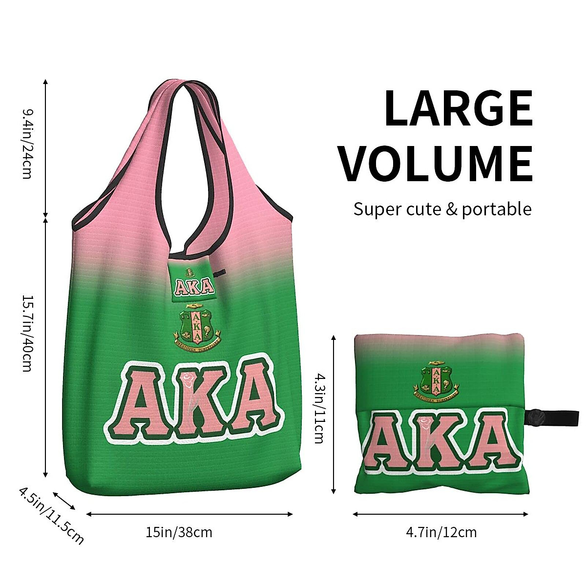 GGFF AKA Tote Shopping Bags 15 inchx15.7 inch Reruseable Washable Waterproof Grocery Bag Sorority Shopping Bag is 4.3 inchx 4.7 inch Folded Bag fits in Pocket, Pink-green, One Size