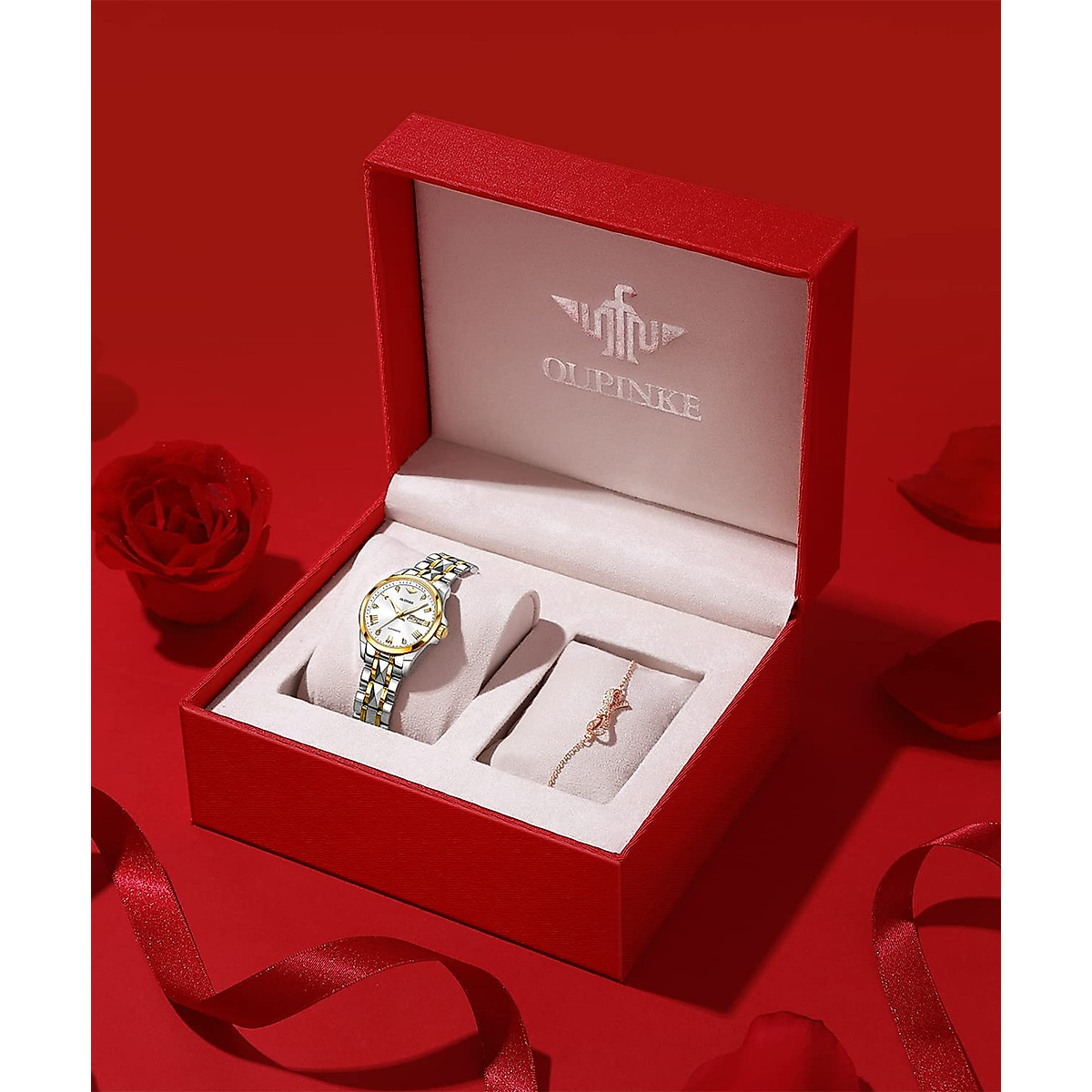 OUPINKE Automatic Womens Watches Self Winding Mechanical Luxury Dress Diamond Dial Tungsten Steel Wrist Watches for Women Date Waterproof Luminous