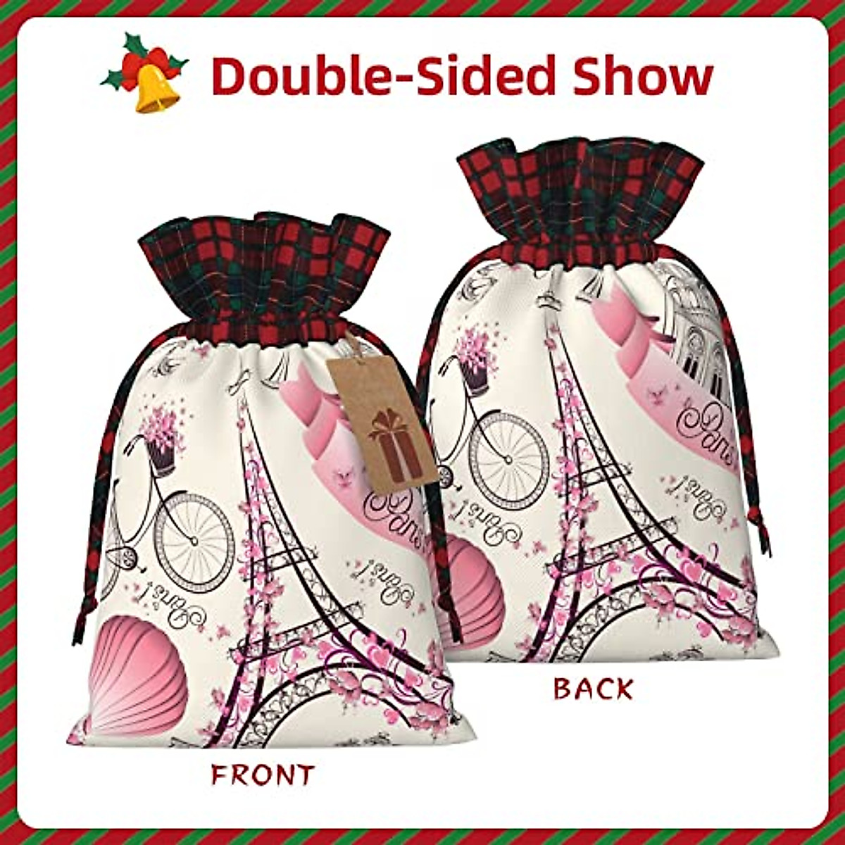 Allgobee Christmas Drawstring Gift Bags Romantic-Paris-Eiffel-Tower Buffalo Plaid Drawstring Bag Party Favors Bags