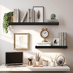 LaVie Home Floating Shelves, 15.6 Inch Wall Shelf Set of 3, Hanging Shelf with Invisible Brackets, Wall Decor for Bathroom, Bedroom, Living Room, Kitchen Storage, Classic Black