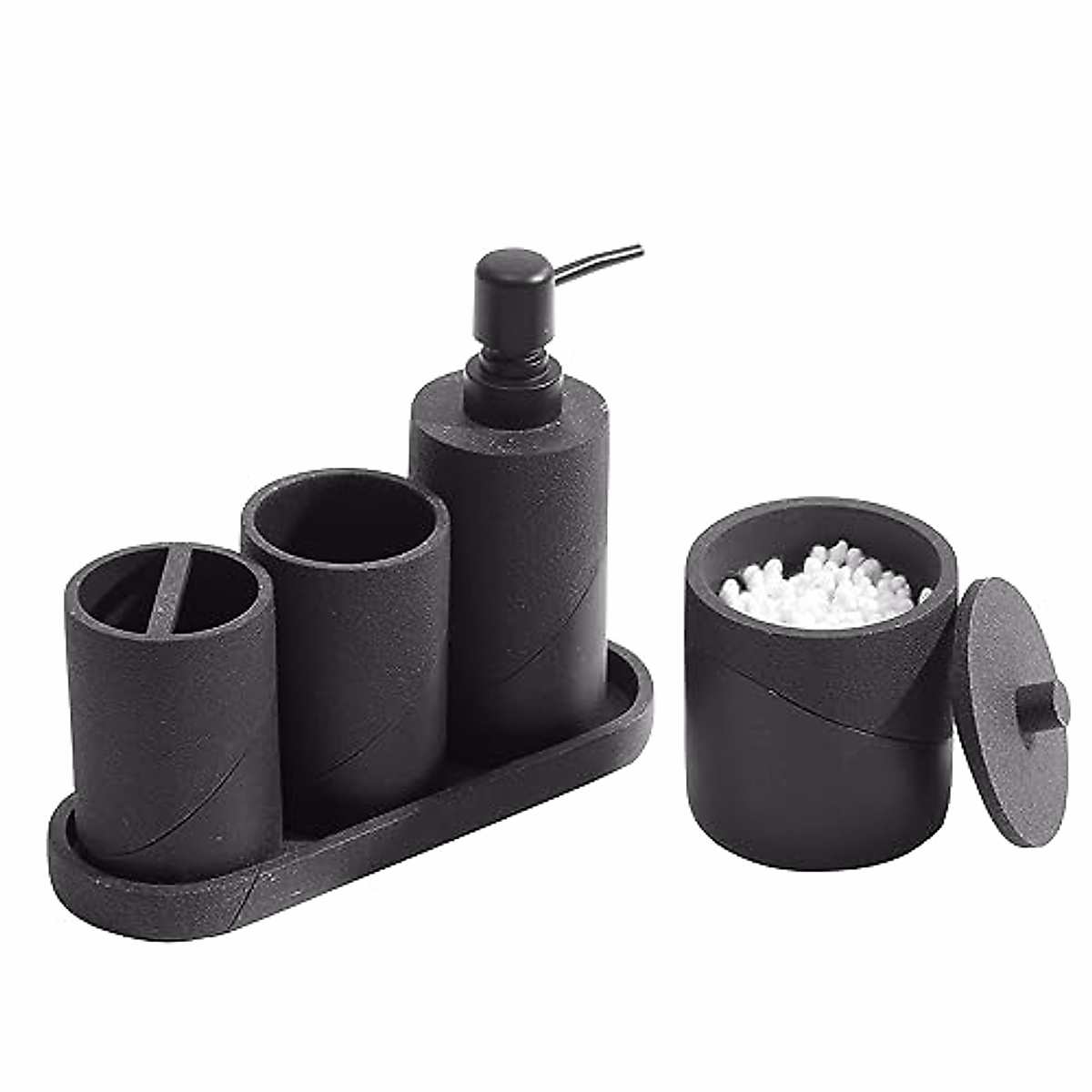 Bathroom Accessories Set, 5PCS Modern Bathroom Accessory Set with Tray, Mouthwash Cup & Toothpaste Holder & Qtip Holder, Soap Dispenser (Black)