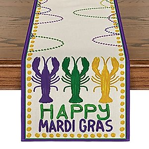 Artoid Mode Beads Happy Mardi Gras Carnival Table Runner, Seasonal Holiday Kitchen Dining Table Decoration for Indoor Outdoor Home Party Decor 13 x 72 Inch