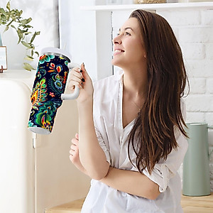 xigua 30 oz Paisley Flower Tumbler with Handle and Straw Lid, Stainless Steel Vacuum Insulated Sports Water Bottle, Keeps Cold or Hot Coffee Cup Travel Mug