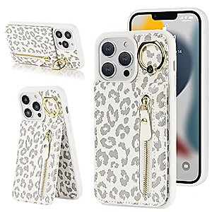 DEYHU iPhone 13 pro Case with Card Holder for Women, iPhone 13 pro Phone Case Wallet with Credit Card with Ring Kickstand Zipper Shockproof Slim Stand Case for iPhone13pro - White Leopard