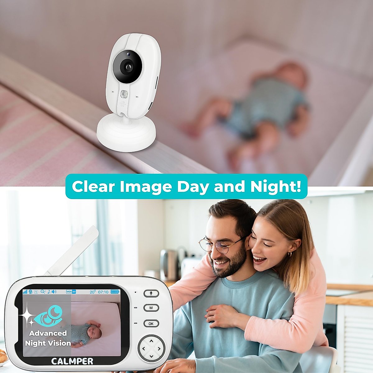 CALMPER Camper Video Baby Monitor with Camera and Audio - 3.5” Non WiFi Baby Monitor Camera with up to Overnight 2000mAh Battery - 1000ft VOX Long Range Baby Monitor No WiFi (2000mAh+FlexMount)