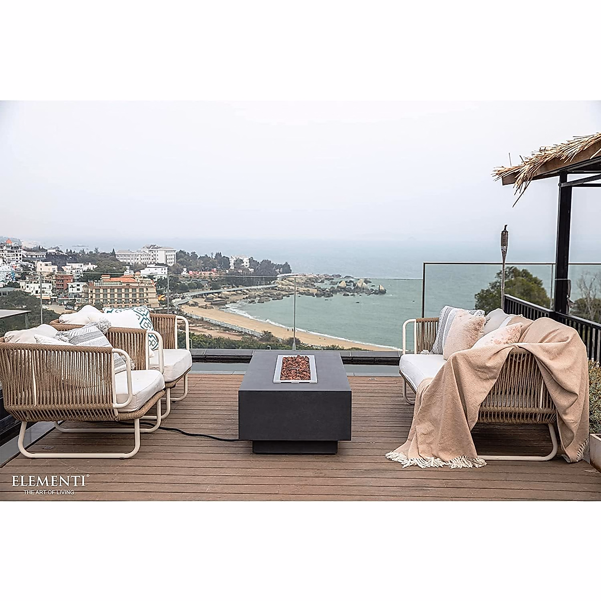 Elementi Granville Gas Fire Pit Cast Concrete Fire Table, Outdoor Fire Pit Electronic Ignition | Canvas Cover, Lava Rock Included | Free AMS Wind Guard & Table-top Firepit | Dark Gray (Natural Gas)