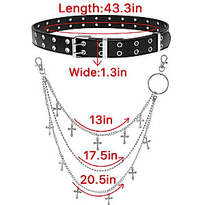 Jemiwa Grommet Leather Belt with Detachable Chain Punk Aesthetic Waist Belt Rock Style Jeans Belt Chains (E)