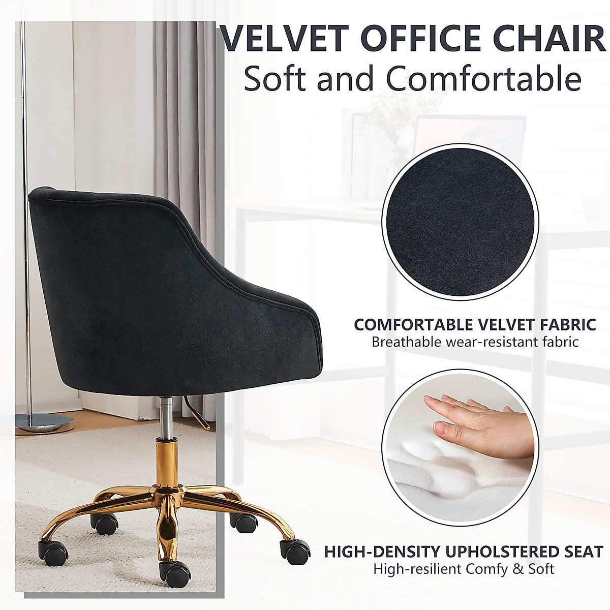MOJAY Velvet Office Swivel Chair, Vanity Fabric Desk Pretty Fancy Gold Office Chairs for Girls, 360°Swivel Height Adjustable Reception Chair (Black)