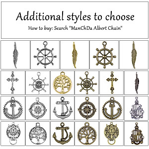 ManChDa Double Albert Chain Pocket Watch, Curb Link Chain 3 Hook Antique Plating Shield Design Fob T Bar for Men Bass with Rudder