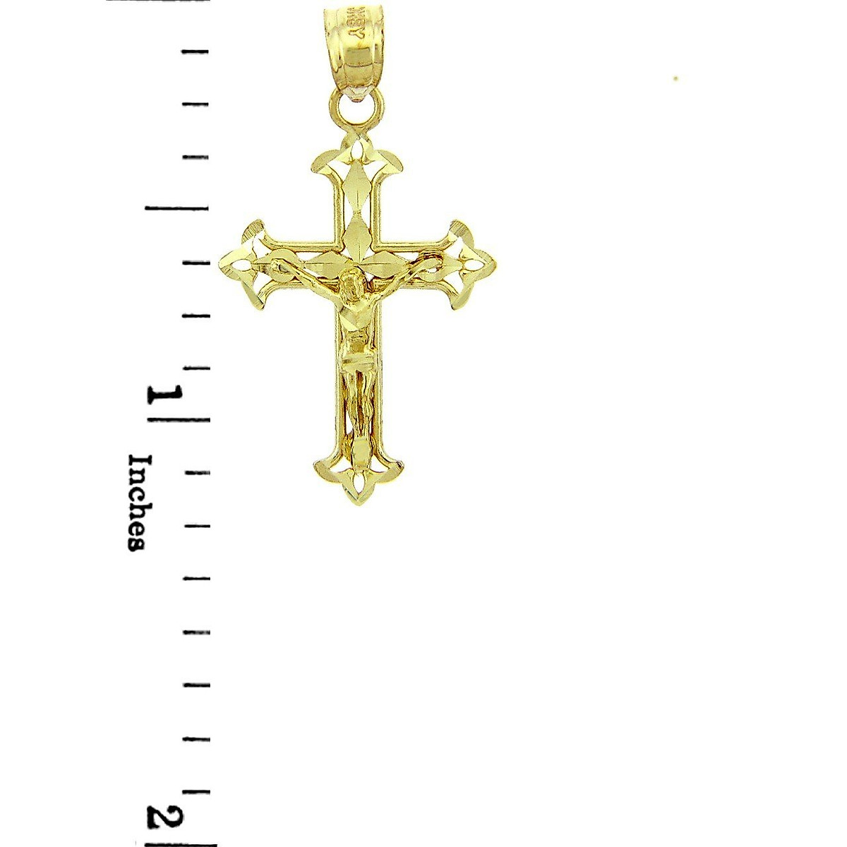 14K Yellow Gold 1-1/4" Fleur De Lis Openwork Crucifix Charm Pendant Religious Jewelry