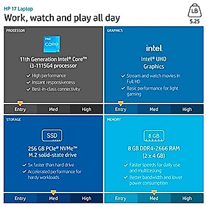 HP 17 Laptop, 11th Gen Intel Core i3-1115G4, 8 GB RAM, 256 GB SSD, 17.3-inch Full HD (1920 x 1080) IPS Display, Windows 11 Home, 802.11ac, Bluetooth, HDMI, Long Battery Life, W/Silmarils Accessories