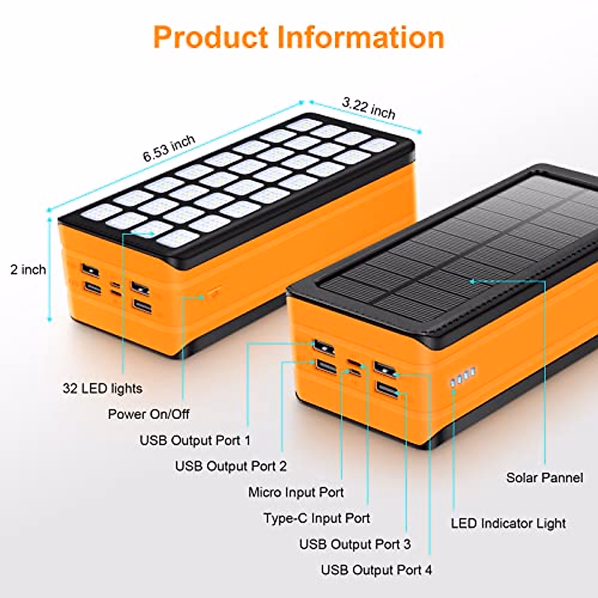 Solar Charger Power Bank, 60000mAh Portable Charger Compatible with iPhone, Cell Phone, 32 LEDs External Battery Pack for Outdoor Camping, Home Emergency, 4 Output& 2 Input Ports (Orange)